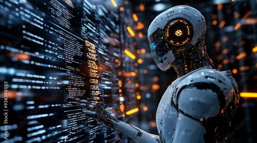 Robot AI works with computer code and data. Web engineer interacting ...