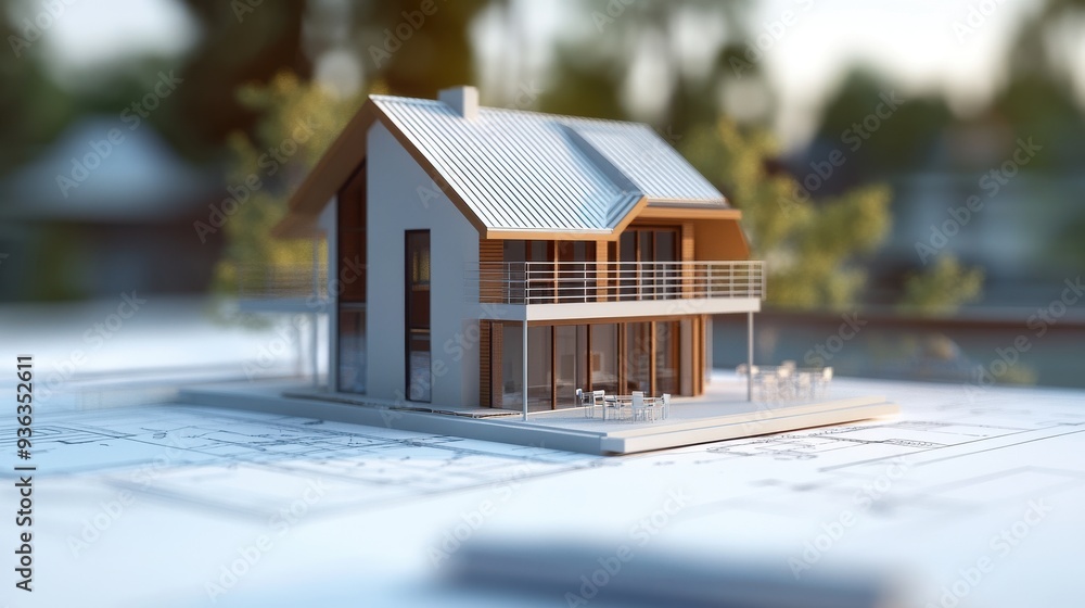 House model on construction blueprints, detailed architectural ...