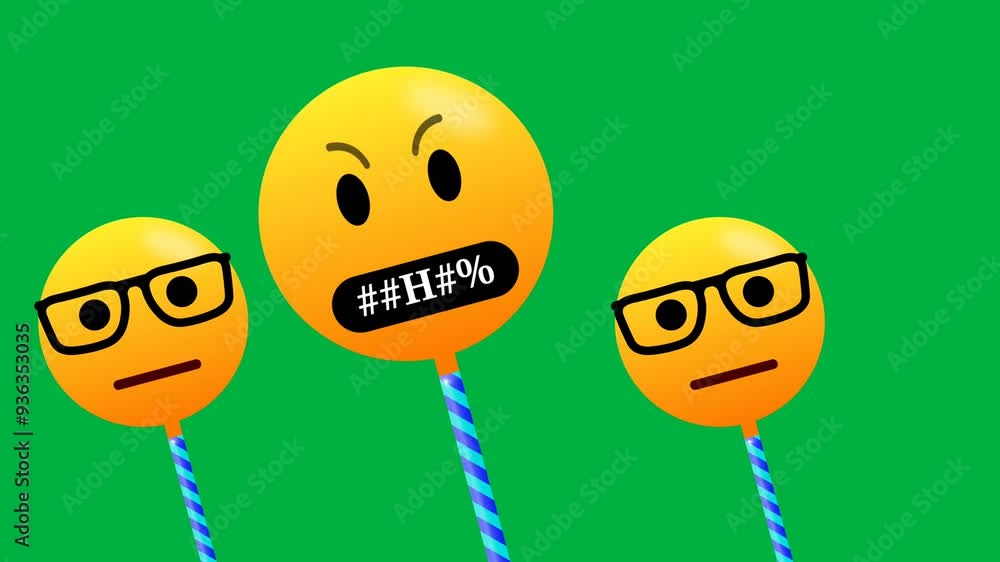 three animated emoji with swearing word expression isolated on green ...