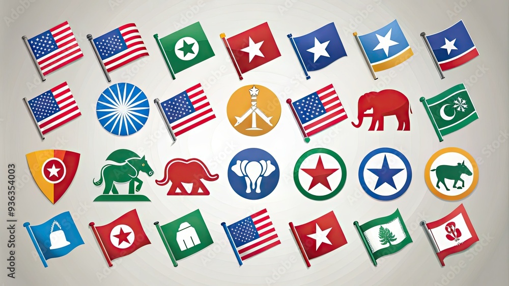Assortment of colorful political party emblems and symbols, including ...