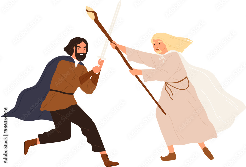 Medieval battle or duel between good and evil. Man and wizard armed ...