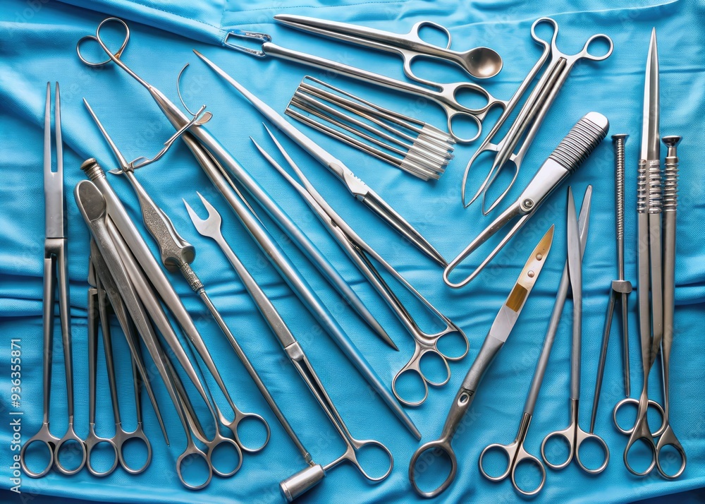 Assortment of sterile surgical instruments, including scalpels, forceps ...