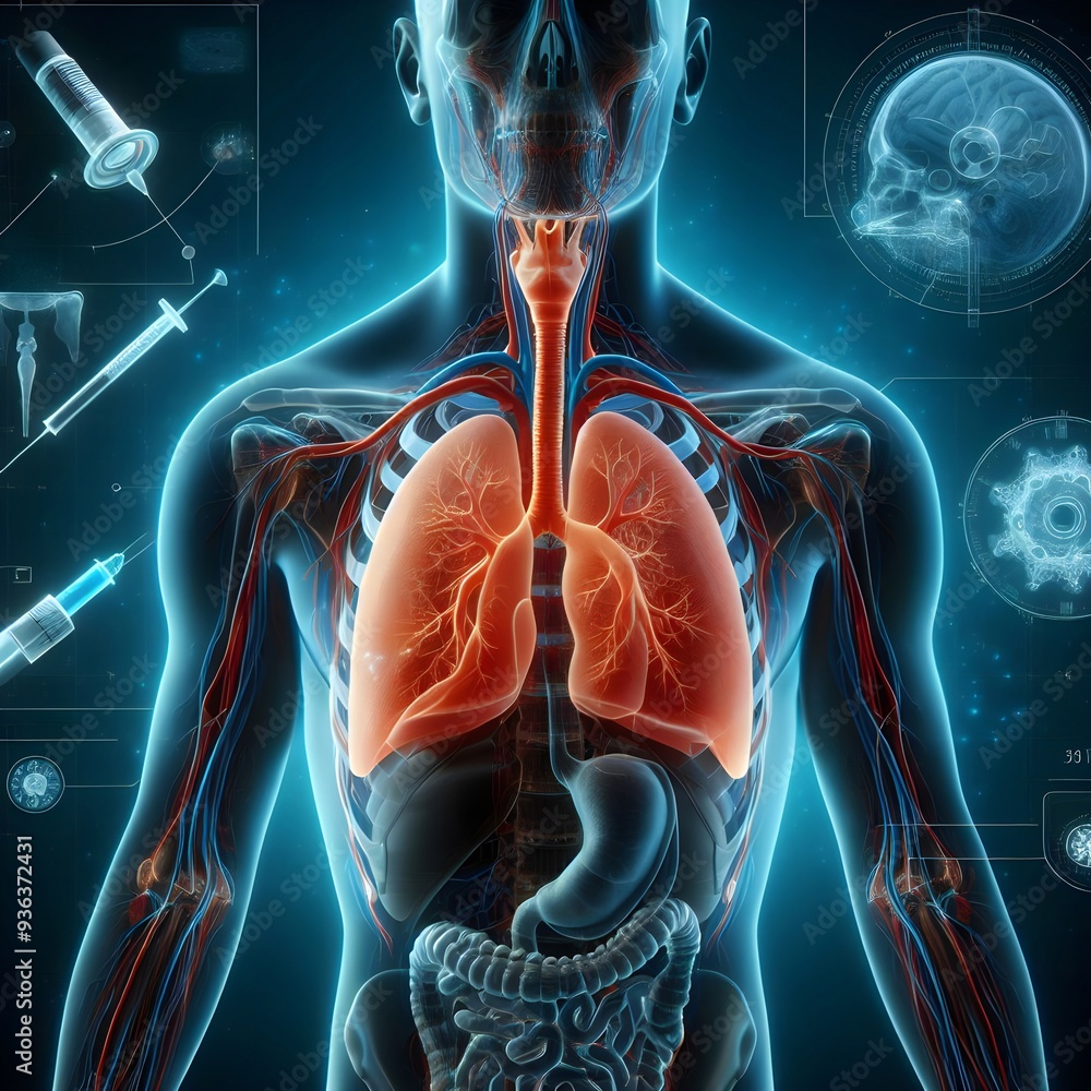 3d human lung inside human body with its parts visible. Medically ...
