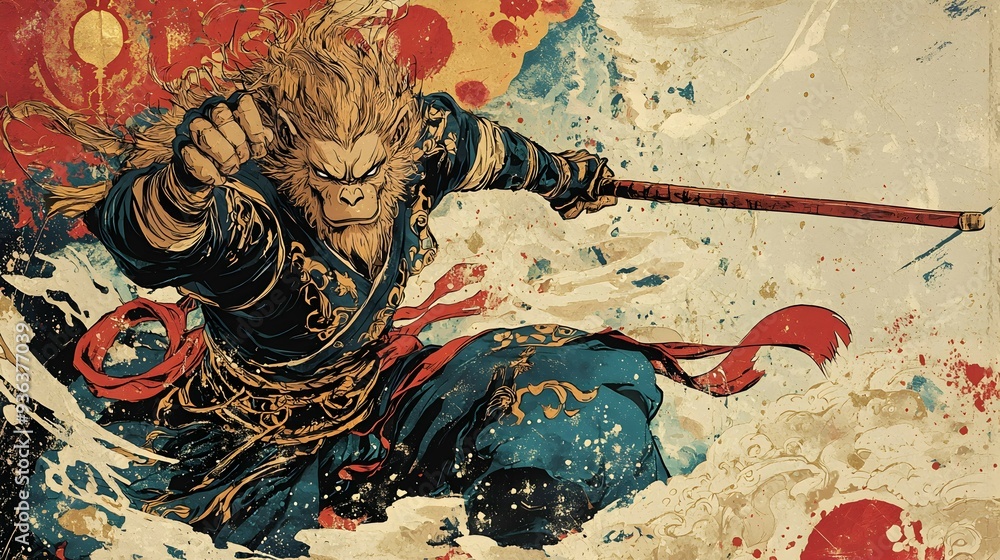 Powerful Monkey King Illustration in Chinese Mythology Style Stock ...