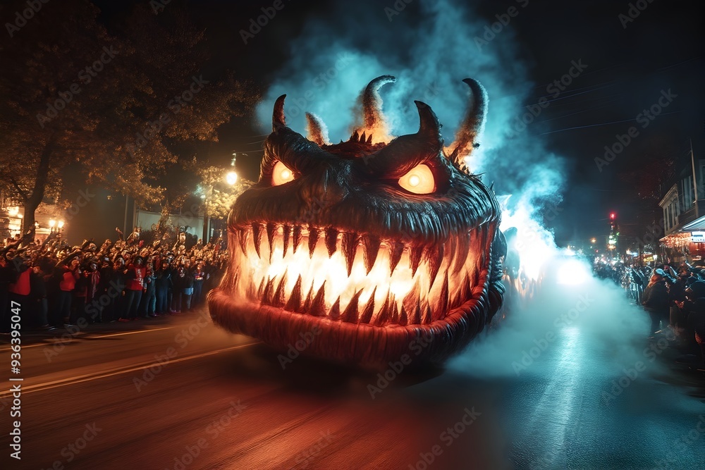 Spooky Halloween Parade Float with Animatronic Monsters and Eerie Fog ...