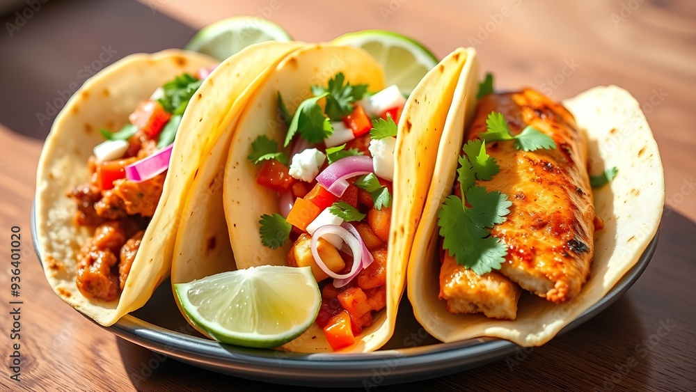 Mexican Street Tacos Trio, Carne Asada, Al Pastor, Fish, Colorful ...