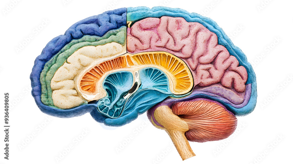 Detailed illustration of a human brain anatomy showing various regions ...