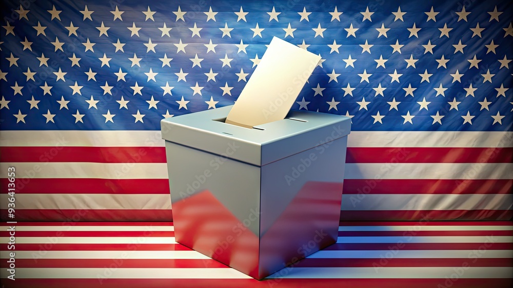Colorful stylized illustration of a voting box with ballot papers and a ...