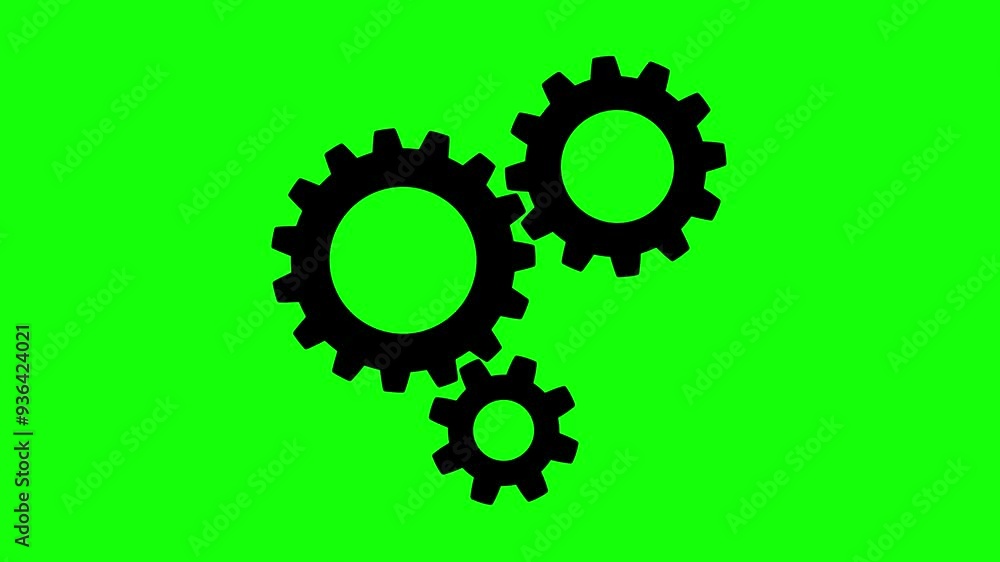 Animation of three rotating gears of different sizes. Green background ...