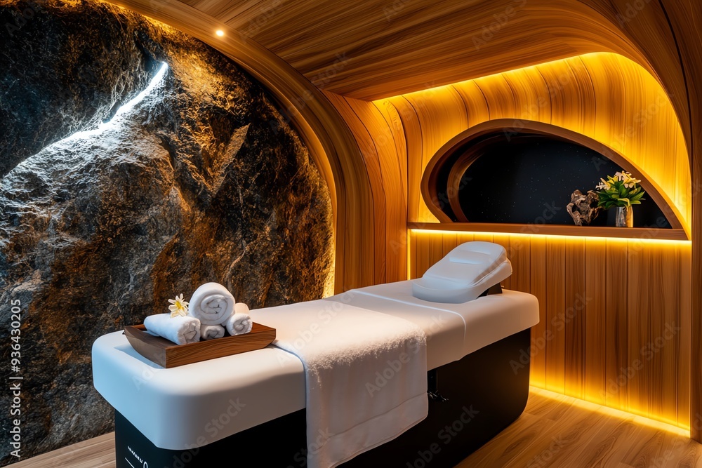 A spa treatment room designed with natural elements like wood and stone ...