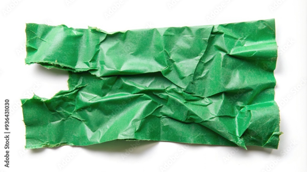 Crumpled and torn green adhesive tape lies isolated on a clean white ...