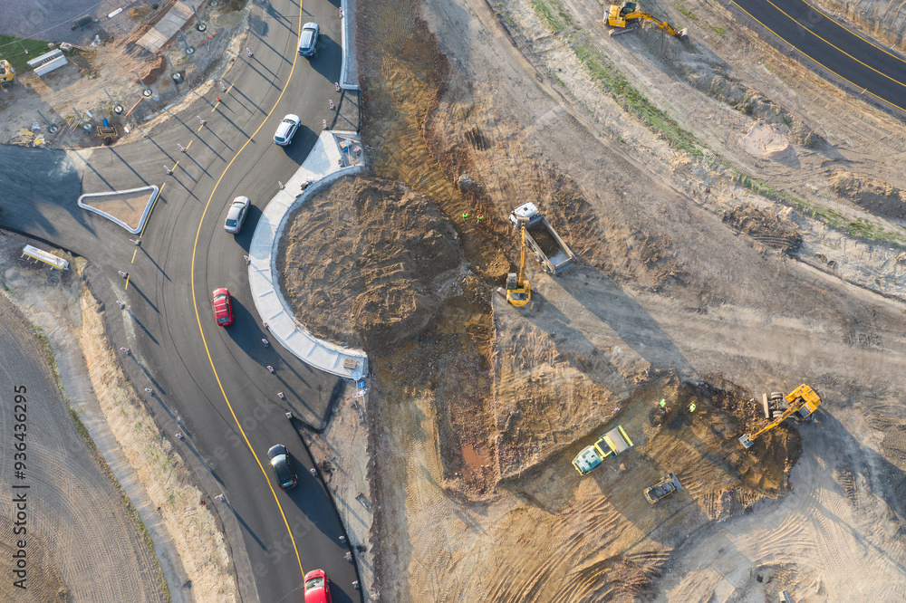 Aerial top view of roundabout under construction. development of new ...