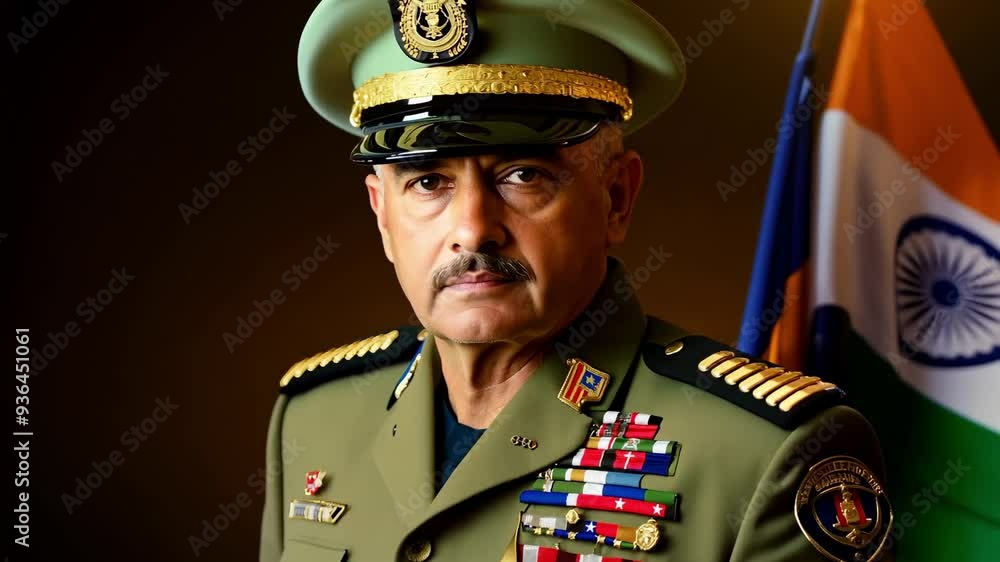 Indian general wearing medals on his military uniform is posing in ...