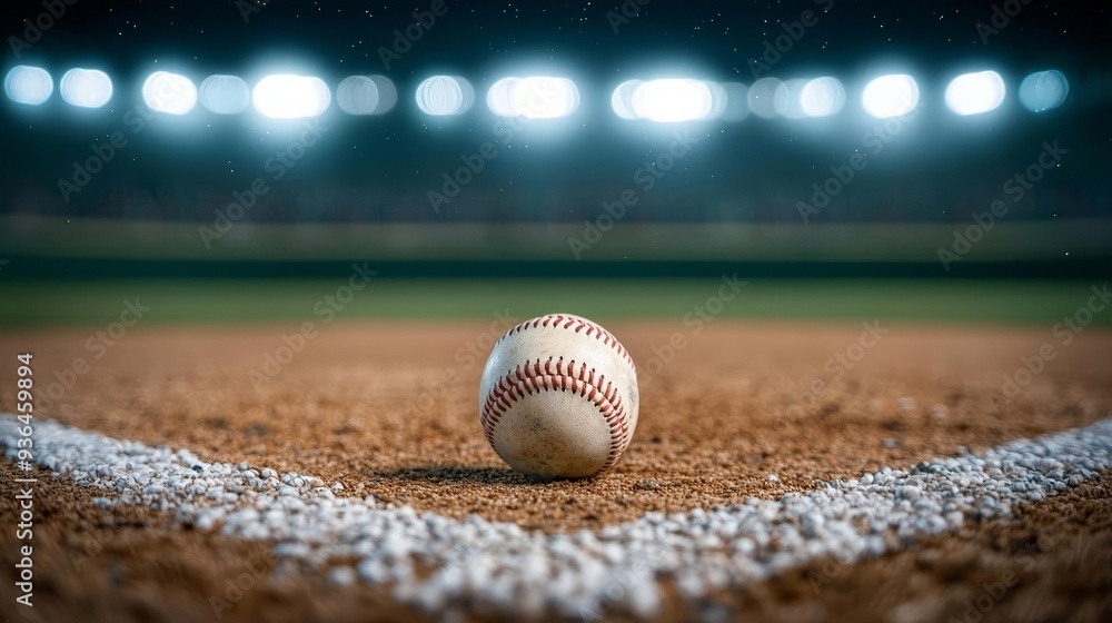 Baseball diamond under the stars, with floodlights brightening the ...