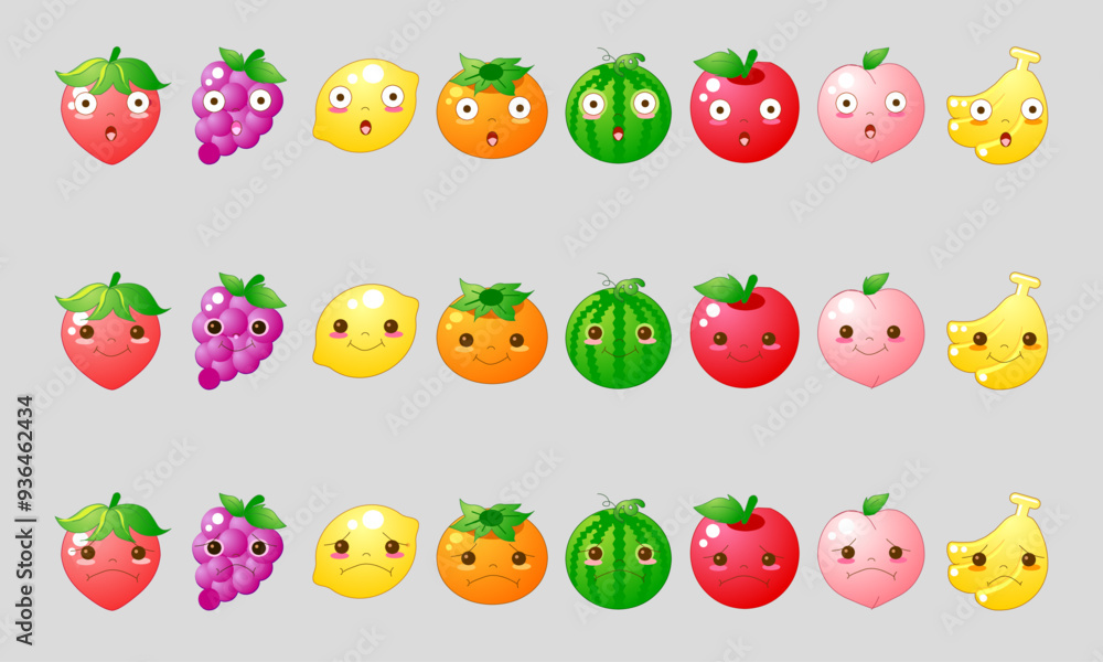 Poster Set of cute fruit characters. Fruit cartoon Vector Illustration ...