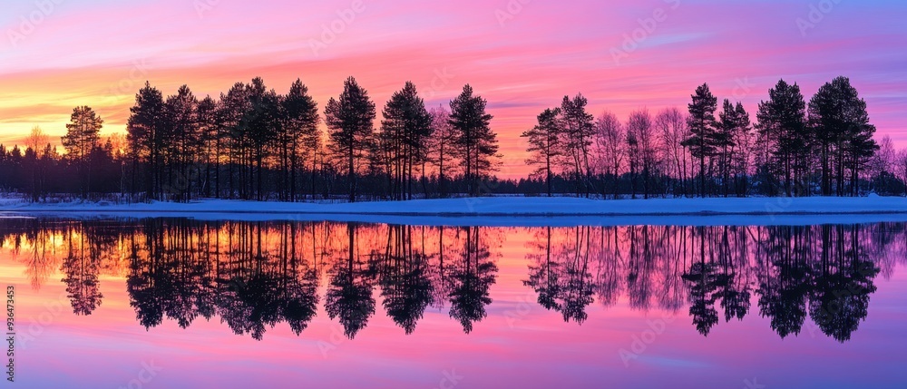 Bright sunset sky reflected in a tranquil lake blending colors with ...