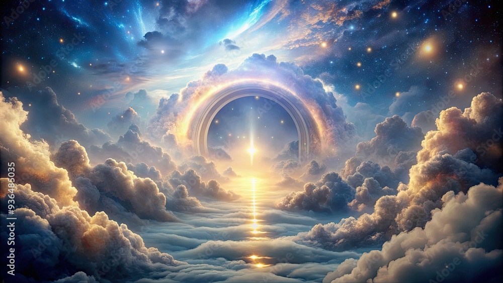 Ethereal clouds swirl around a shimmering gateway of light, evoking an ...