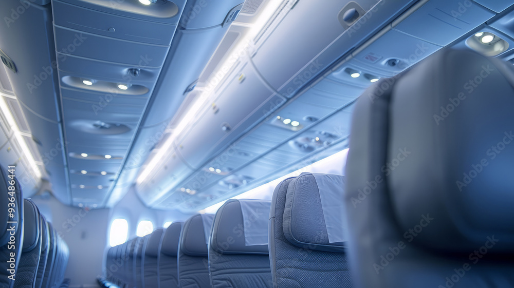 Empty airplane interior with rows of seats during a flight. Stock Photo ...