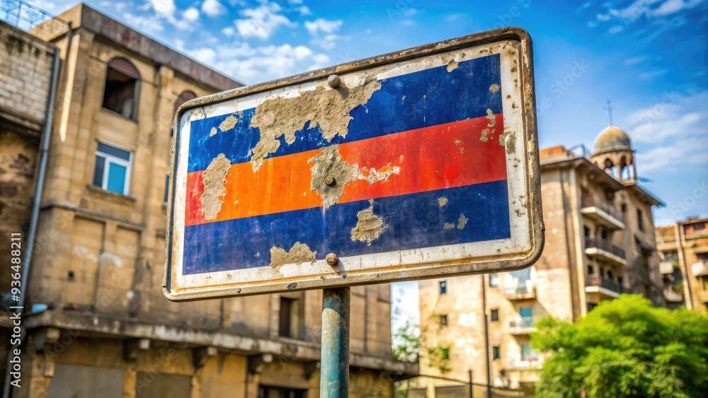Faded and worn, a distressed street sign in Armenian and Cyrillic ...