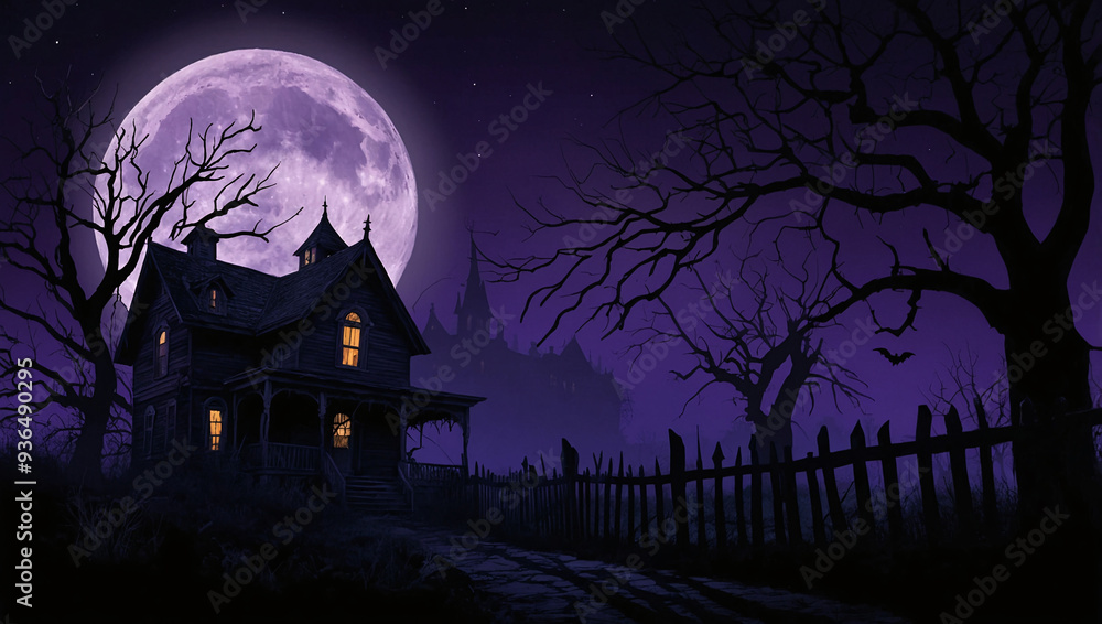 illustration of a haunted house silhouette with crooked windows, a ...