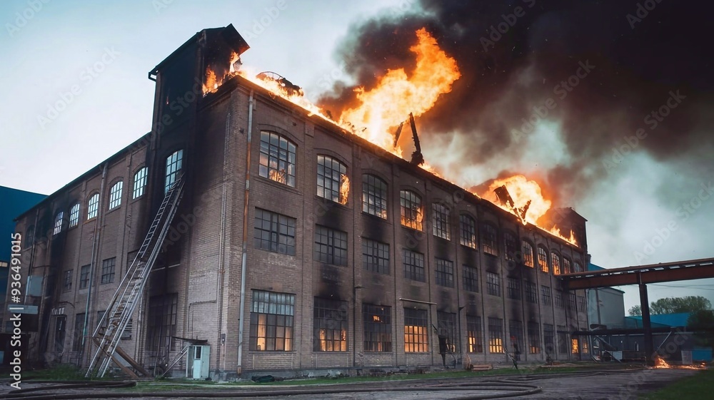 Big fire flame burning in industrial factory building, exterior view ...