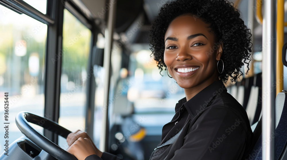 A confident black mixed-race female bus driver smiling as she navigates ...