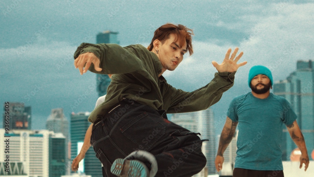 Professional asian break dancer practice B boy dance while ...