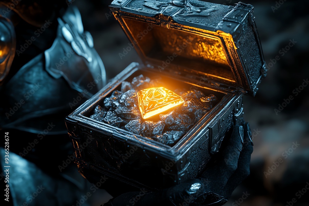 A treasure chest being opened by a knight in an ancient castle, with ...