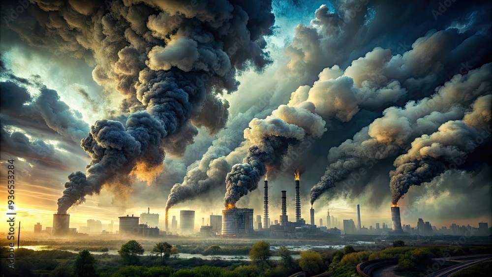 Hazardous airborne pollutants in a dark, apocalyptic atmosphere, with ...