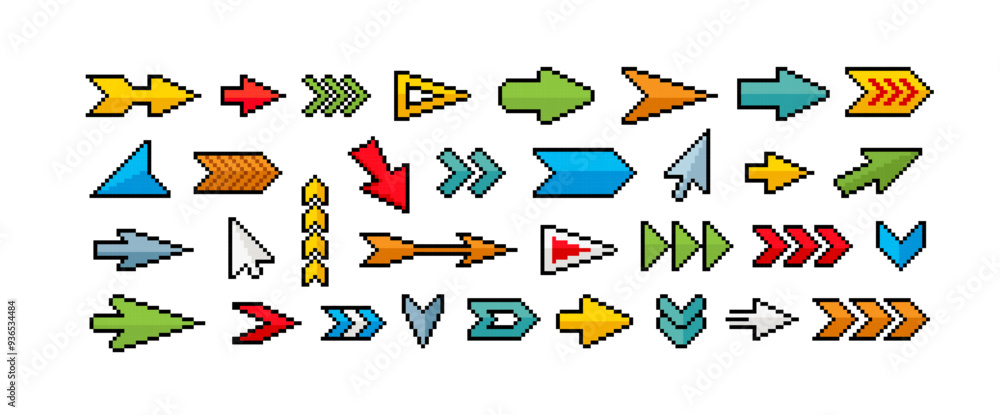 Colorful Pixel Arrow icons and Pointer signs in retro video game style. Editable 8-Bit pixel ...