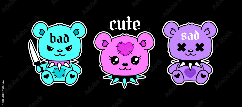 Y2k Rave Teddy Bear toy in 2000s sticker and apparel print design. Rave ...