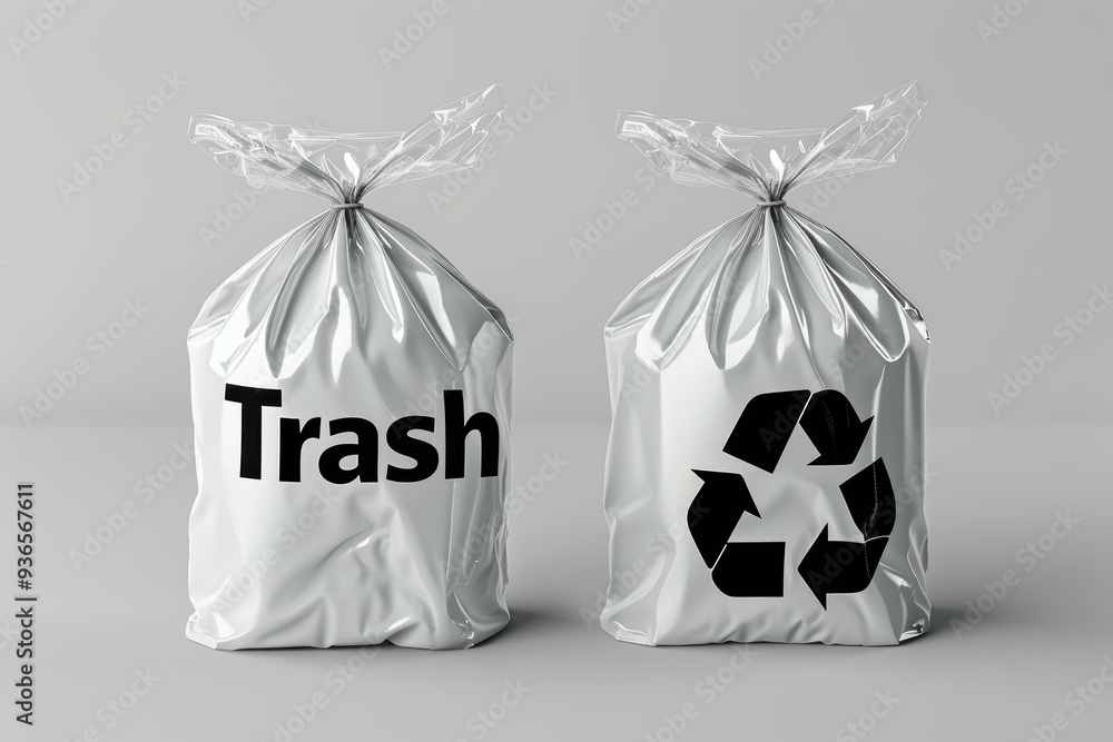 Two bags, one labeled Trash and the other with a recycling symbol, side ...
