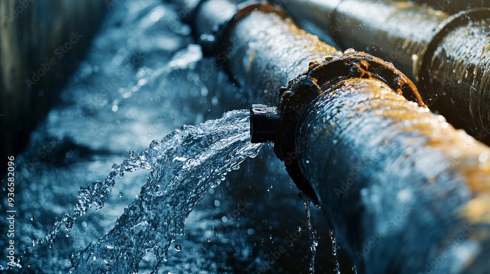 Water leaking from damaged industrial pipe at waste water treatment ...