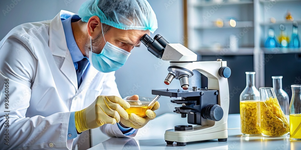 Microbiologist examines urine sample under a microscope, analyzing the ...