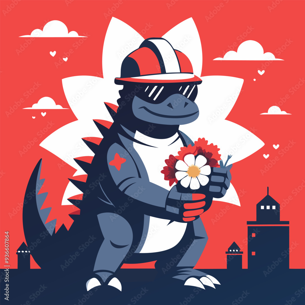 cute godzilla in a hard hat and sunglasses stands with flowers in her ...