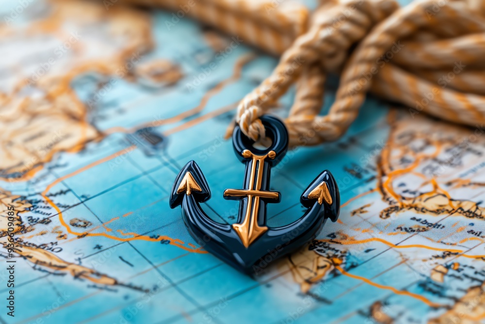 A traditional maritime chart with an anchor symbol marking a safe ...