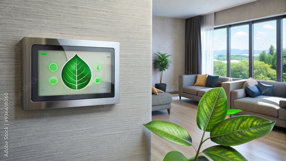 Modern smart thermostat on a wall, displaying a green leaf icon, amidst ...