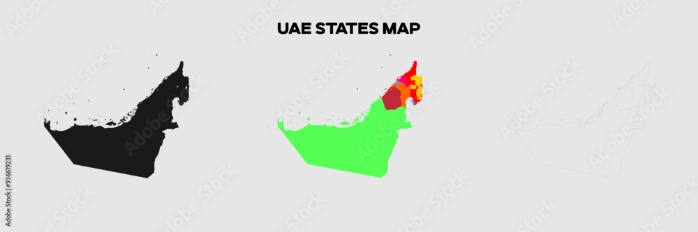 UAE States Map in colors. EPS file also in selhoutte and outlined form ...