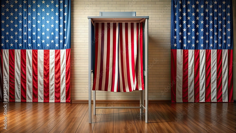 Private voting booth with curtain drawn, ballot box and voting slips ...