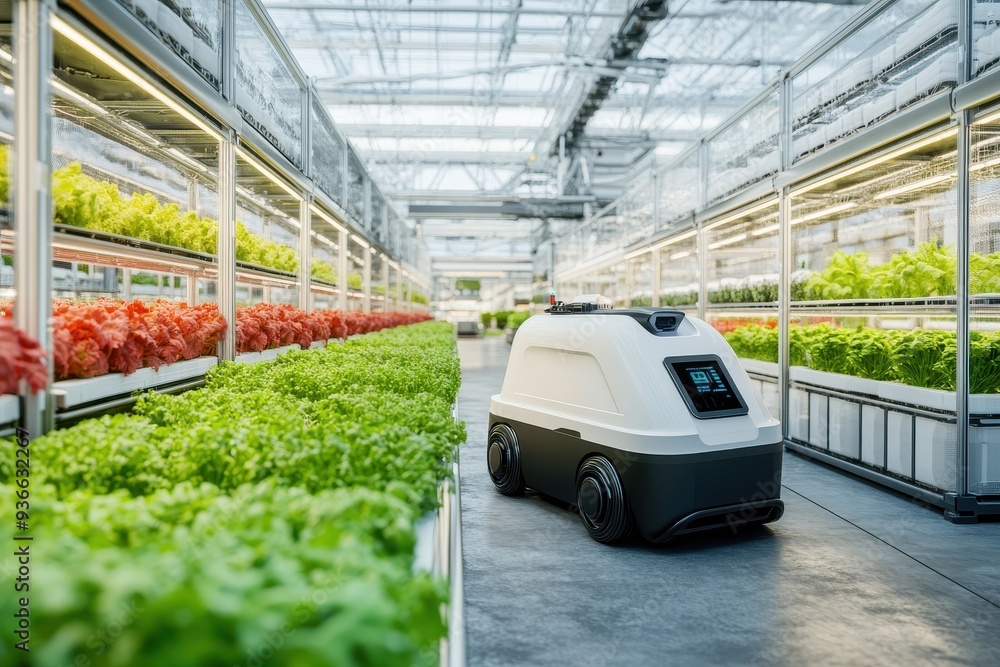 Autonomous robot navigating through a greenhouse filled with vibrant ...