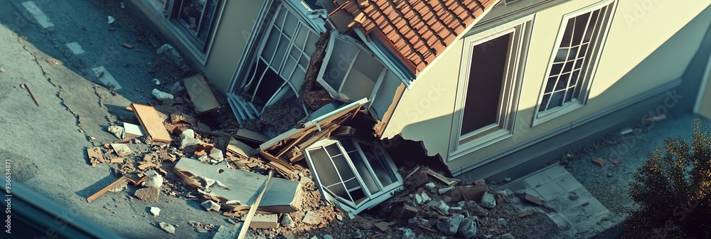 collapsed house after a strong earthquake. Collapsed roof, Roof fallen ...