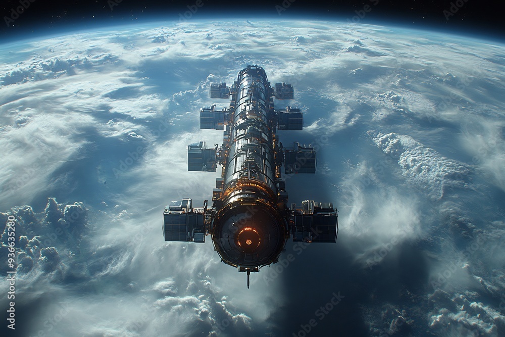 Space elevator connecting Earth newly built orbital station symbolizing humanitys readiness next ...