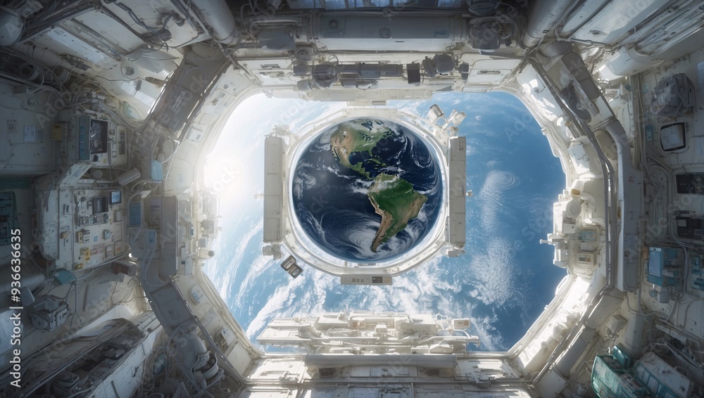 Perspective from the ISS, looking at Earth as a blue-green sphere with ...