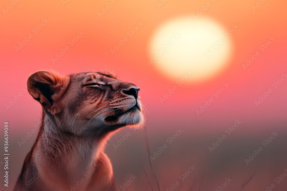 A beautiful lioness stands gracefully in the savannah, illuminated by ...