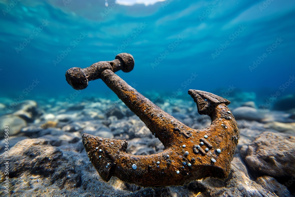An old anchor encrusted with barnacles and marine growth, lying ...