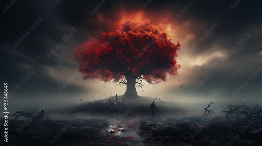 Vector depiction of single tree standing tall the midst of a storm ...