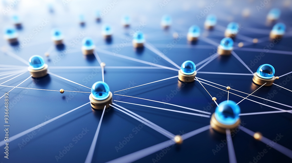3d Social networking blue chrome nodes background, interconnected by ...