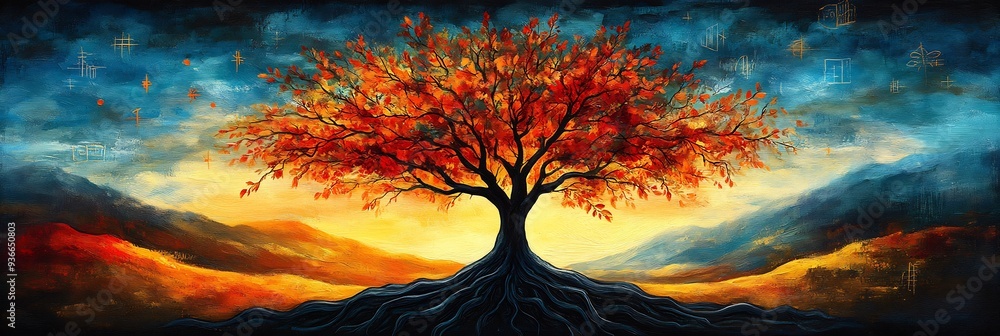 Vector depiction of sprawling tree deep root each root intertwining ...