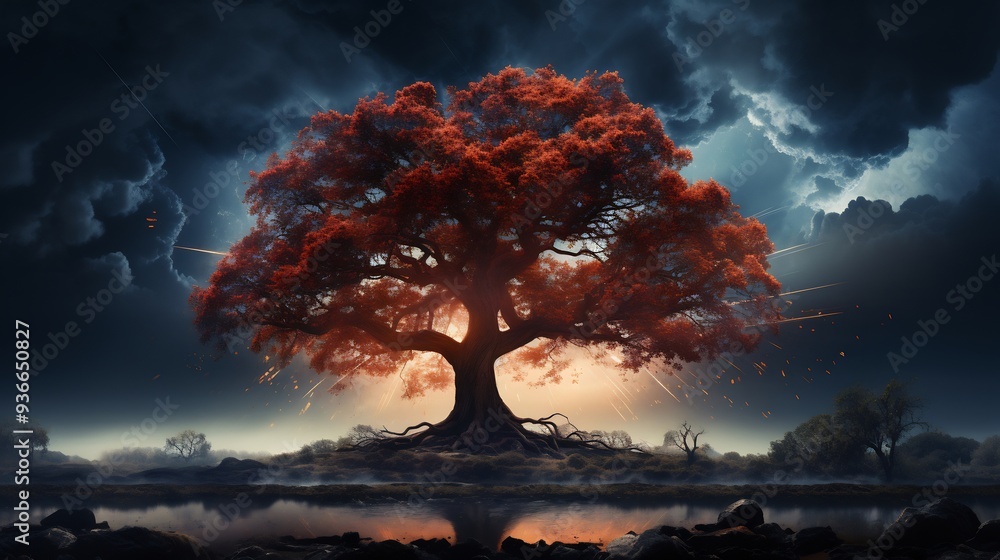 Vector depiction of tree deep roots anchoring against powerful storm ...