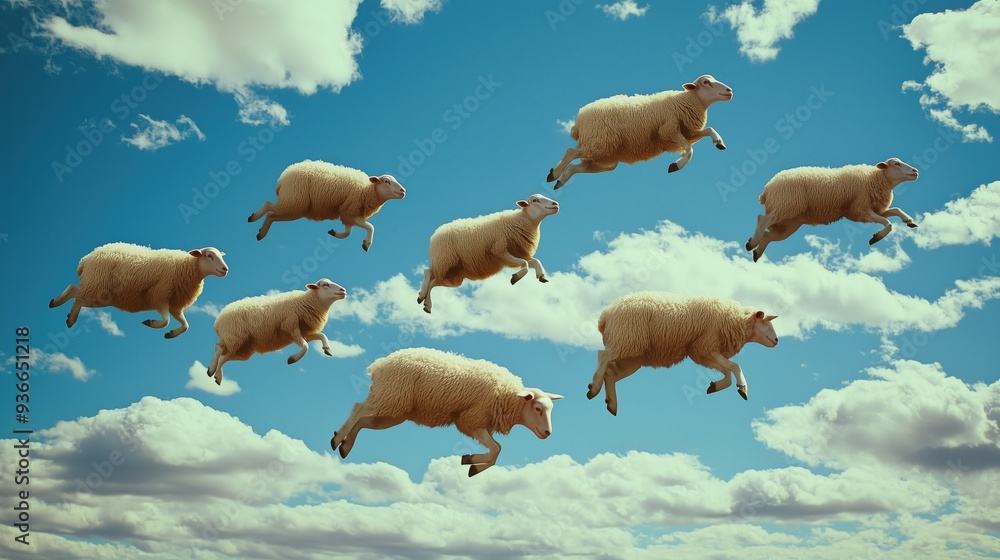 Multiple sheep flying in the blue sky with clouds as a symbol if ...